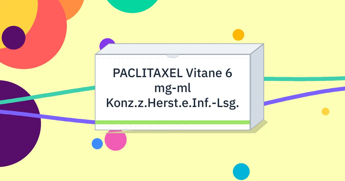 Symbolbild: Packung mit der Aufschrift PACLITAXEL Vitane 6 mg-ml Konz.z.Herst.e.Inf.-Lsg. (PZN 11058209) – Verfügbarkeit und Bezug in Apotheken in Frankfurt am Main
