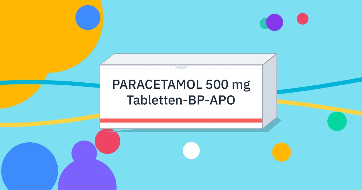 Symbolbild: Packung mit der Aufschrift PARACETAMOL 500 mg Tabletten-BP-APO (PZN 18755360) – Verfügbarkeit und Bezug in Apotheken in Frankfurt am Main