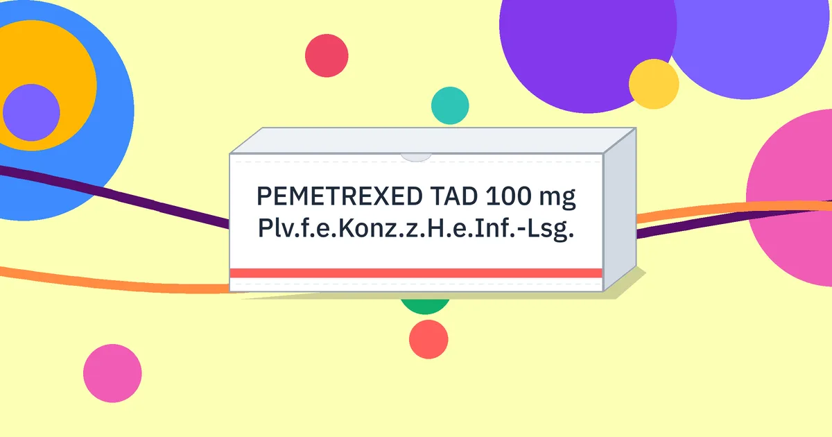 Symbolbild: Packung mit der Aufschrift PEMETREXED TAD 100 mg Plv.f.e.Konz.z.H.e.Inf.-Lsg. (PZN 16887962) – Verfügbarkeit und Bezug in Apotheken in Frankfurt am Main
