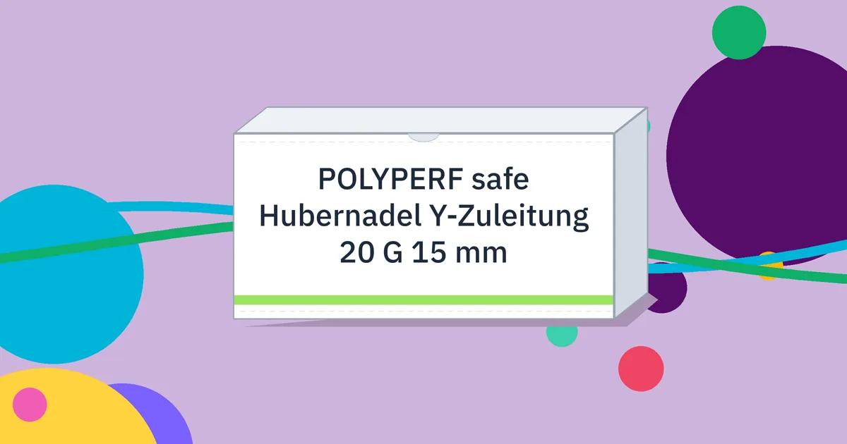 Symbolbild: Packung mit der Aufschrift POLYPERF safe Hubernadel Y-Zuleitung 20 G 15 mm (PZN 18113868) – Verfügbarkeit und Bezug in Apotheken in Frankfurt am Main