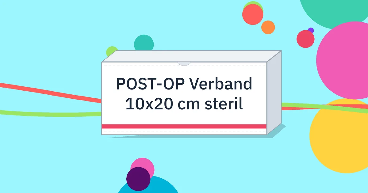 Symbolbild: Packung mit der Aufschrift POST-OP Verband 10x20 cm steril (PZN 17562305) – Verfügbarkeit und Bezug in Apotheken in Frankfurt am Main