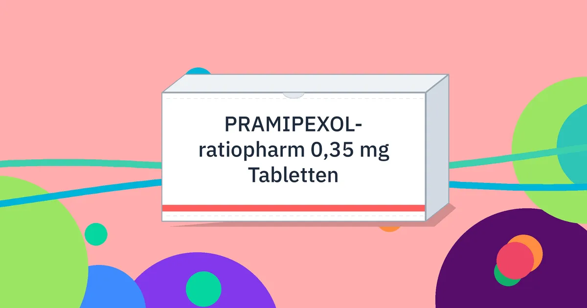 Symbolbild: Packung mit der Aufschrift PRAMIPEXOL-ratiopharm 0,35 mg Tabletten (PZN 06489781) – Verfügbarkeit und Bezug in Apotheken in Frankfurt am Main
