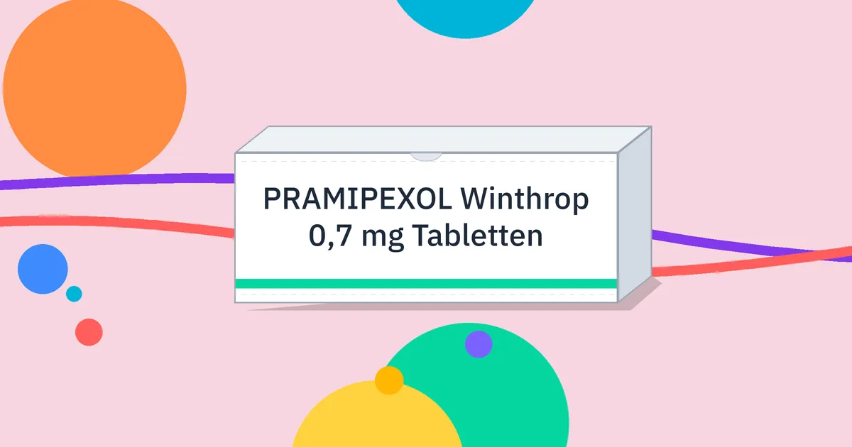 Symbolbild: Packung mit der Aufschrift PRAMIPEXOL Winthrop 0,7 mg Tabletten (PZN 06912104) – Verfügbarkeit und Bezug in Apotheken in Frankfurt am Main