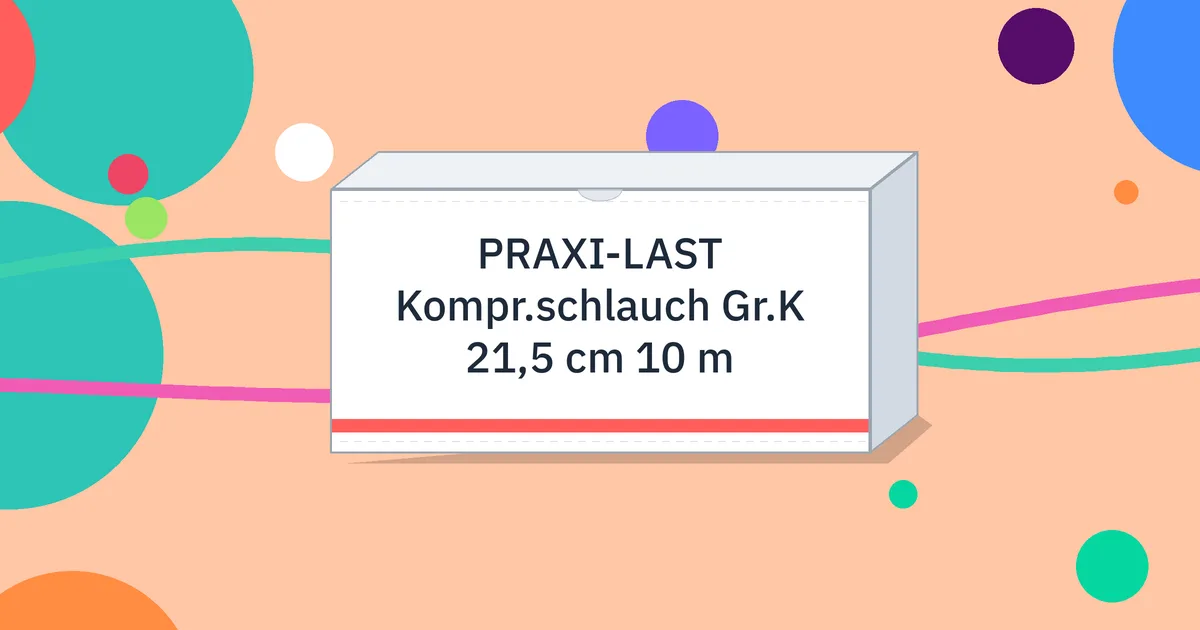 Symbolbild: Packung mit der Aufschrift PRAXI-LAST Kompr.schlauch Gr.K 21,5 cm 10 m (PZN 12827035) – Verfügbarkeit und Bezug in Apotheken in Frankfurt am Main