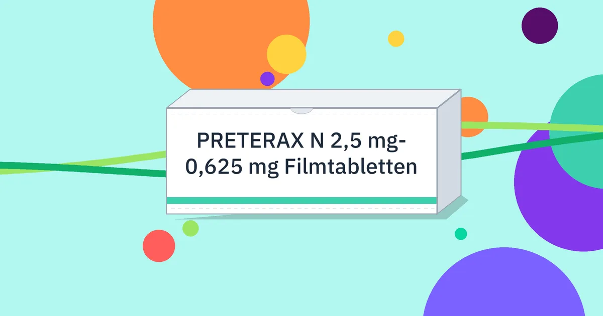 Symbolbild: Packung mit der Aufschrift PRETERAX N 2,5 mg-0,625 mg Filmtabletten (PZN 07667635) – Verfügbarkeit und Bezug in Apotheken in Frankfurt am Main