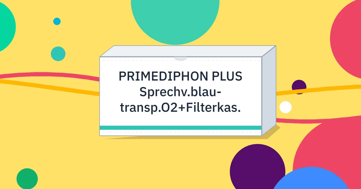 Symbolbild: Packung mit der Aufschrift PRIMEDIPHON PLUS Sprechv.blau-transp.O2+Filterkas. (PZN 11772183) – Verfügbarkeit und Bezug in Apotheken in Frankfurt am Main