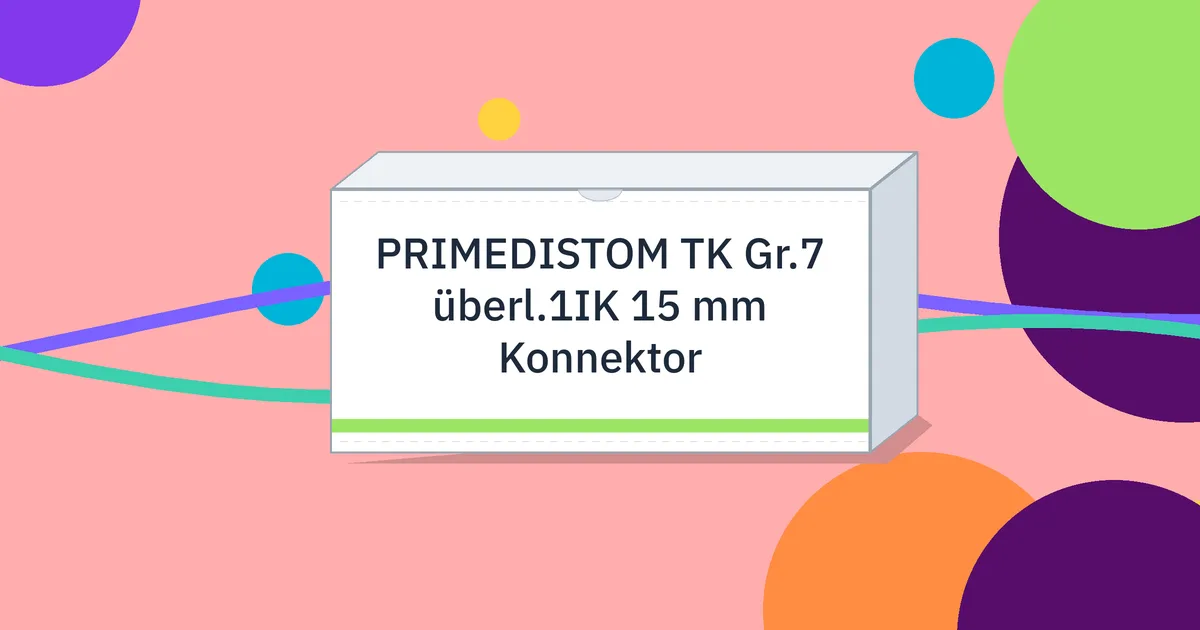 Symbolbild: Packung mit der Aufschrift PRIMEDISTOM TK Gr.7 überl.1IK 15 mm Konnektor (PZN 10209586) – Verfügbarkeit und Bezug in Apotheken in Frankfurt am Main