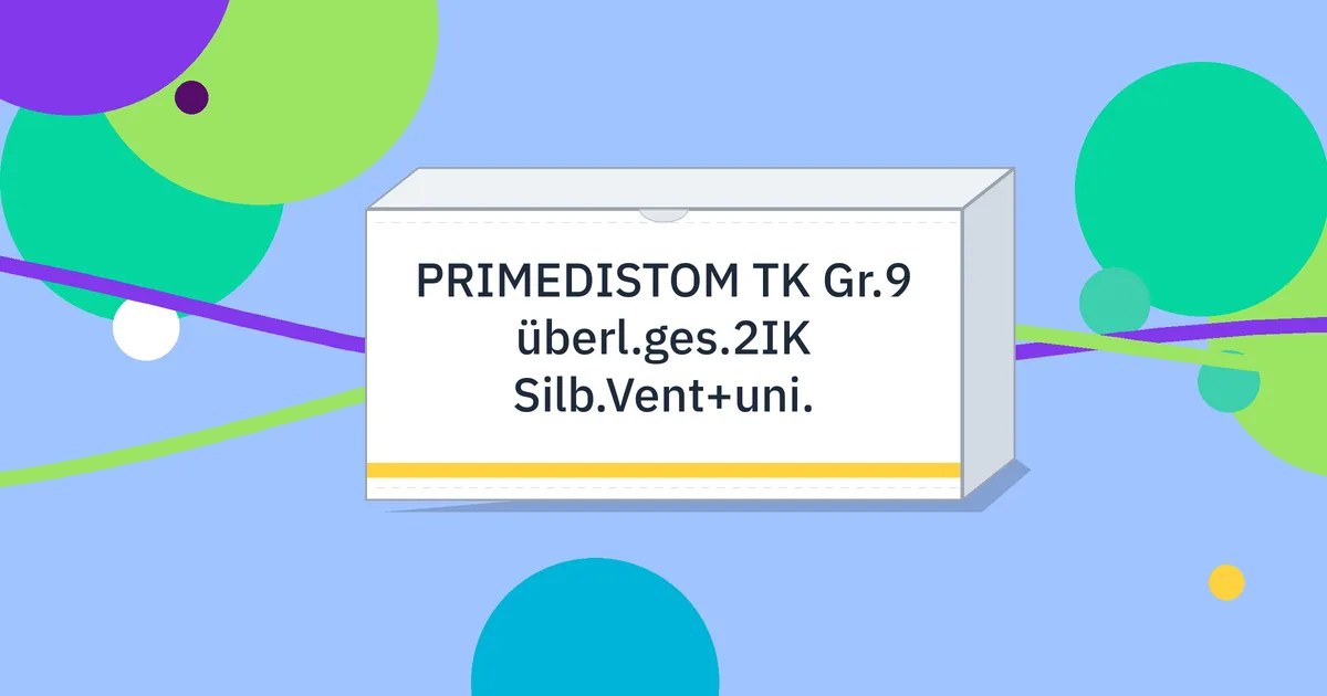 Symbolbild: Packung mit der Aufschrift PRIMEDISTOM TK Gr.9 überl.ges.2IK Silb.Vent+uni. (PZN 10209505) – Verfügbarkeit und Bezug in Apotheken in Frankfurt am Main