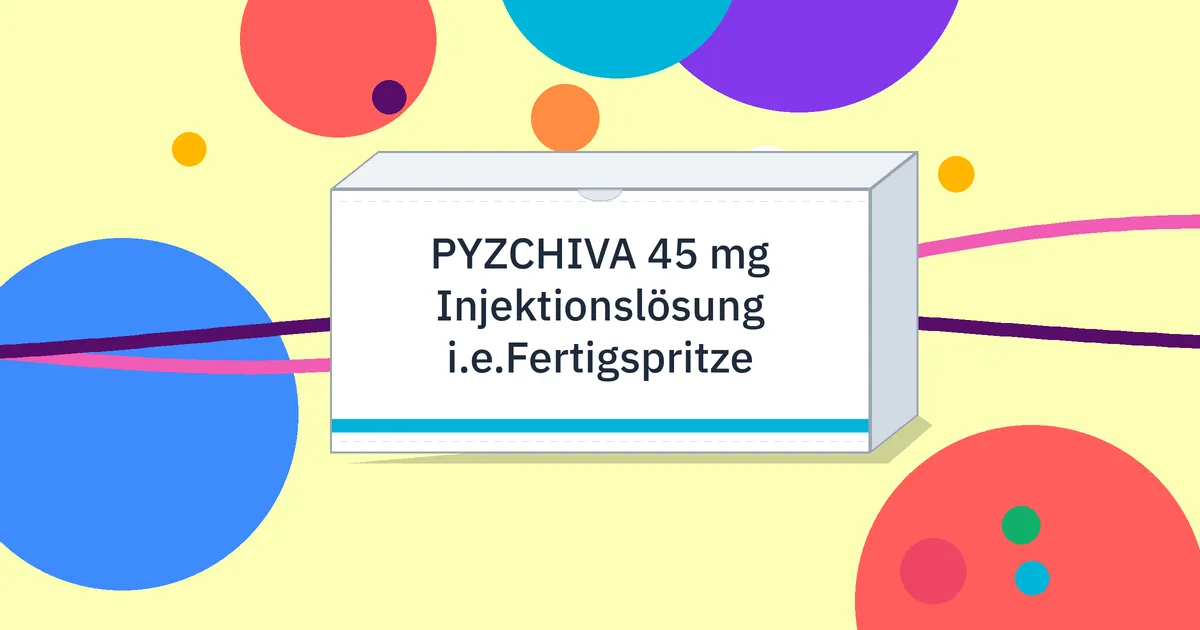 Symbolbild: Packung mit der Aufschrift PYZCHIVA 45 mg Injektionslösung i.e.Fertigspritze (PZN 20167015) – Verfügbarkeit und Bezug in Apotheken in Frankfurt am Main
