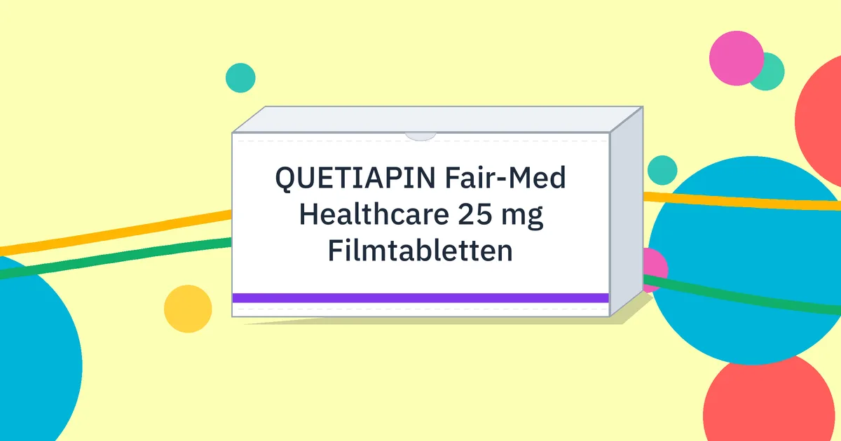 Symbolbild: Packung mit der Aufschrift QUETIAPIN Fair-Med Healthcare 25 mg Filmtabletten (PZN 12494639) – Verfügbarkeit und Bezug in Apotheken in Frankfurt am Main