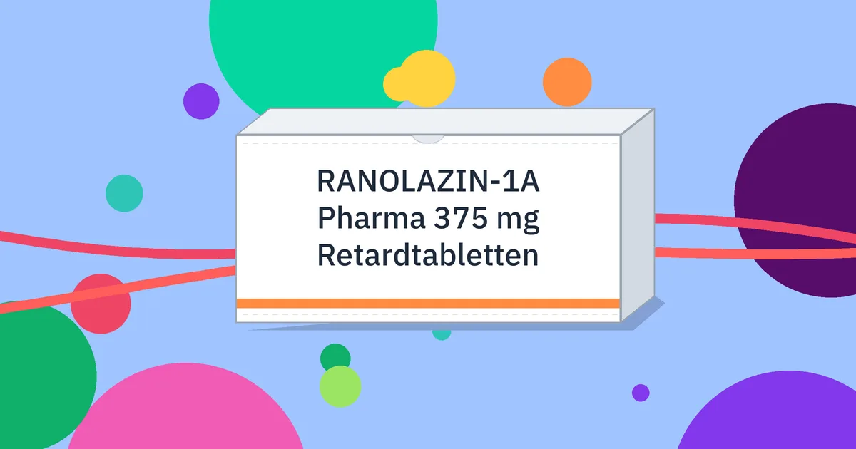 Symbolbild: Packung mit der Aufschrift RANOLAZIN-1A Pharma 375 mg Retardtabletten (PZN 19375033) – Verfügbarkeit und Bezug in Apotheken in Frankfurt am Main