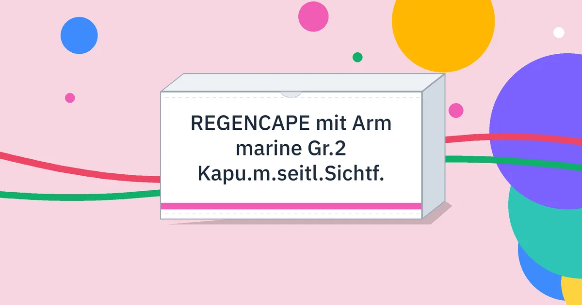 Symbolbild: Packung mit der Aufschrift REGENCAPE mit Arm marine Gr.2 Kapu.m.seitl.Sichtf. (PZN 12606937) – Verfügbarkeit und Bezug in Apotheken in Frankfurt am Main