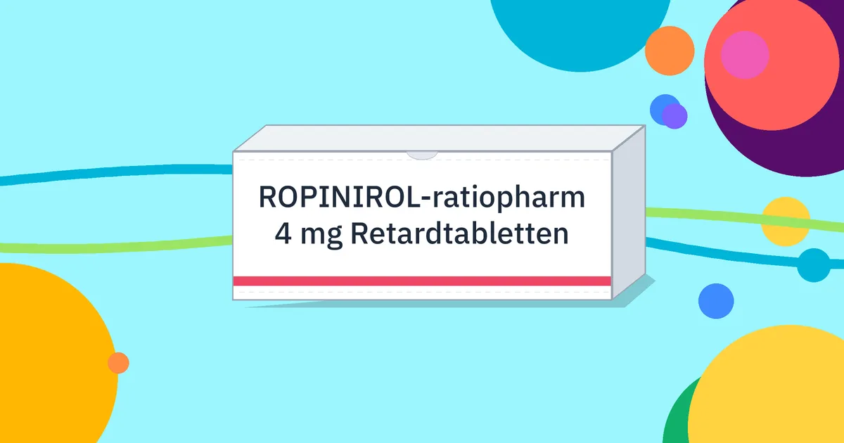 Symbolbild: Packung mit der Aufschrift ROPINIROL-ratiopharm 4 mg Retardtabletten (PZN 07756818) – Verfügbarkeit und Bezug in Apotheken in Frankfurt am Main