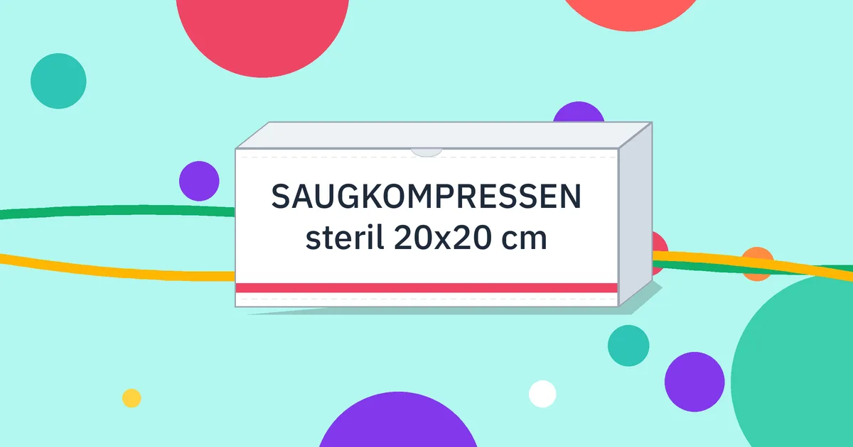 Symbolbild: Packung mit der Aufschrift SAUGKOMPRESSEN steril 20x20 cm (PZN 17562541) – Verfügbarkeit und Bezug in Apotheken in Frankfurt am Main