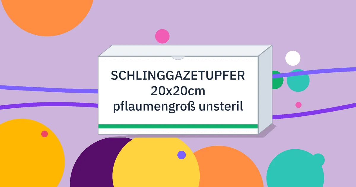 Symbolbild: Packung mit der Aufschrift SCHLINGGAZETUPFER 20x20cm pflaumengroß unsteril (PZN 00430864) – Verfügbarkeit und Bezug in Apotheken in Frankfurt am Main