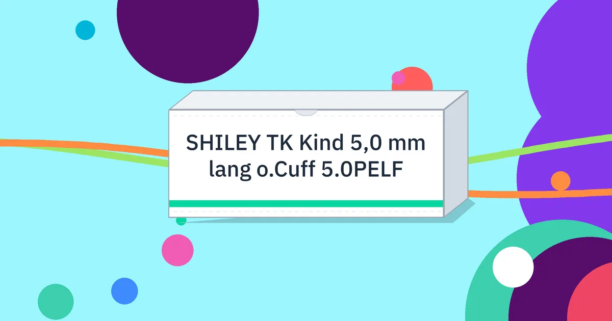 Symbolbild: Packung mit der Aufschrift SHILEY TK Kind 5,0 mm lang o.Cuff 5.0PELF (PZN 11596102) – Verfügbarkeit und Bezug in Apotheken in Frankfurt am Main
