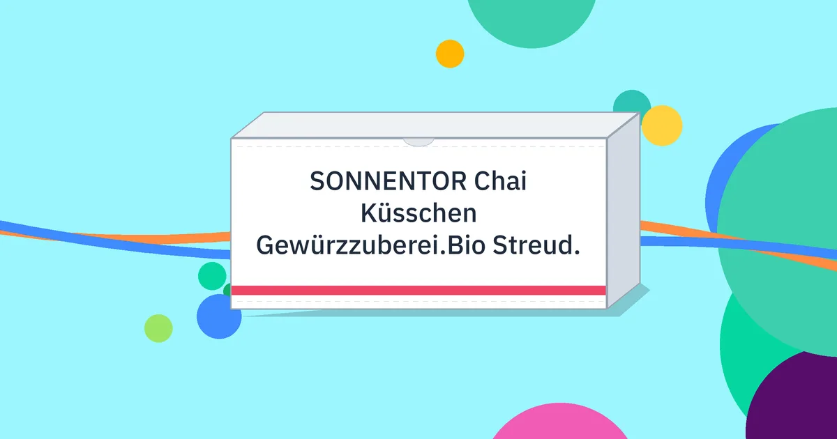 Symbolbild: Packung mit der Aufschrift SONNENTOR Chai Küsschen Gewürzzuberei.Bio Streud. (PZN 18902795) – Verfügbarkeit und Bezug in Apotheken in Frankfurt am Main