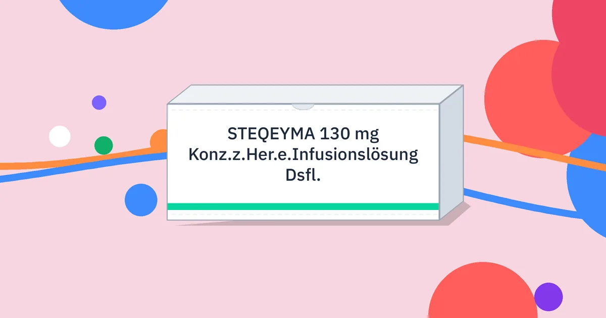 Symbolbild: Packung mit der Aufschrift STEQEYMA 130 mg Konz.z.Her.e.Infusionslösung Dsfl. (PZN 19782488) – Verfügbarkeit und Bezug in Apotheken in Frankfurt am Main