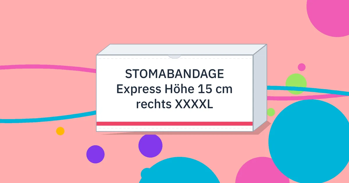Symbolbild: Packung mit der Aufschrift STOMABANDAGE Express Höhe 15 cm rechts XXXXL (PZN 16507988) – Verfügbarkeit und Bezug in Apotheken in Frankfurt am Main