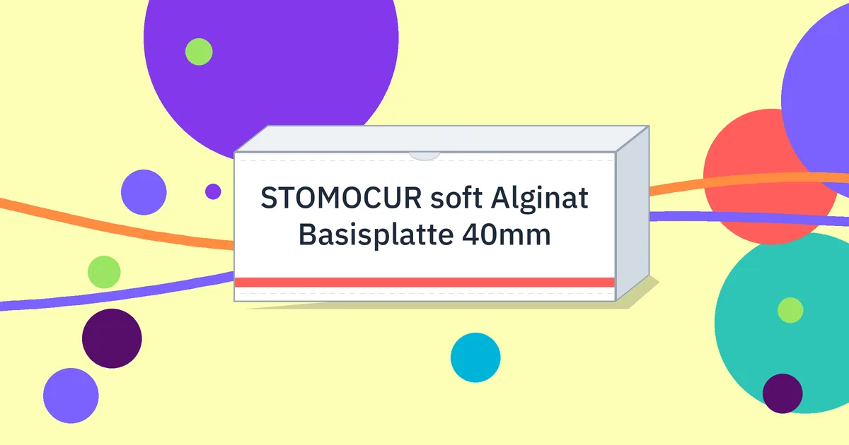 Symbolbild: Packung mit der Aufschrift STOMOCUR soft Alginat Basisplatte 40mm (PZN 08413813) – Verfügbarkeit und Bezug in Apotheken in Frankfurt am Main