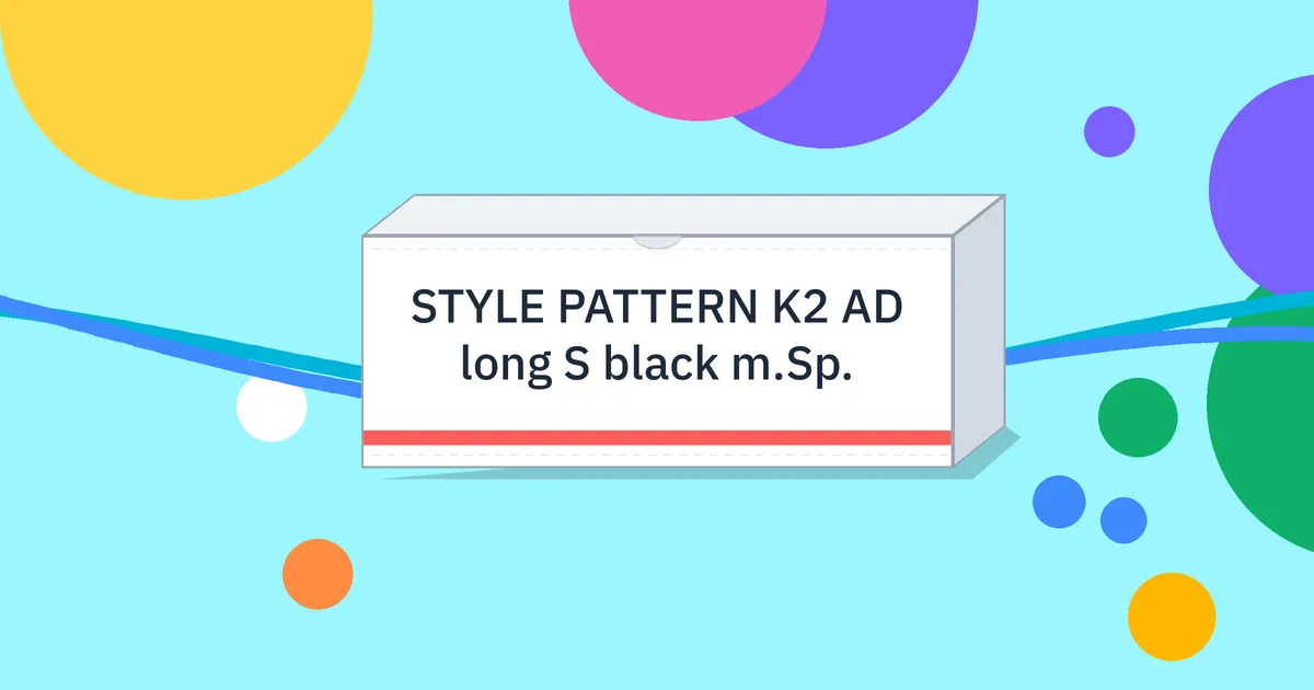 Symbolbild: Packung mit der Aufschrift STYLE PATTERN K2 AD long S black m.Sp. (PZN 19695217) – Verfügbarkeit und Bezug in Apotheken in Frankfurt am Main