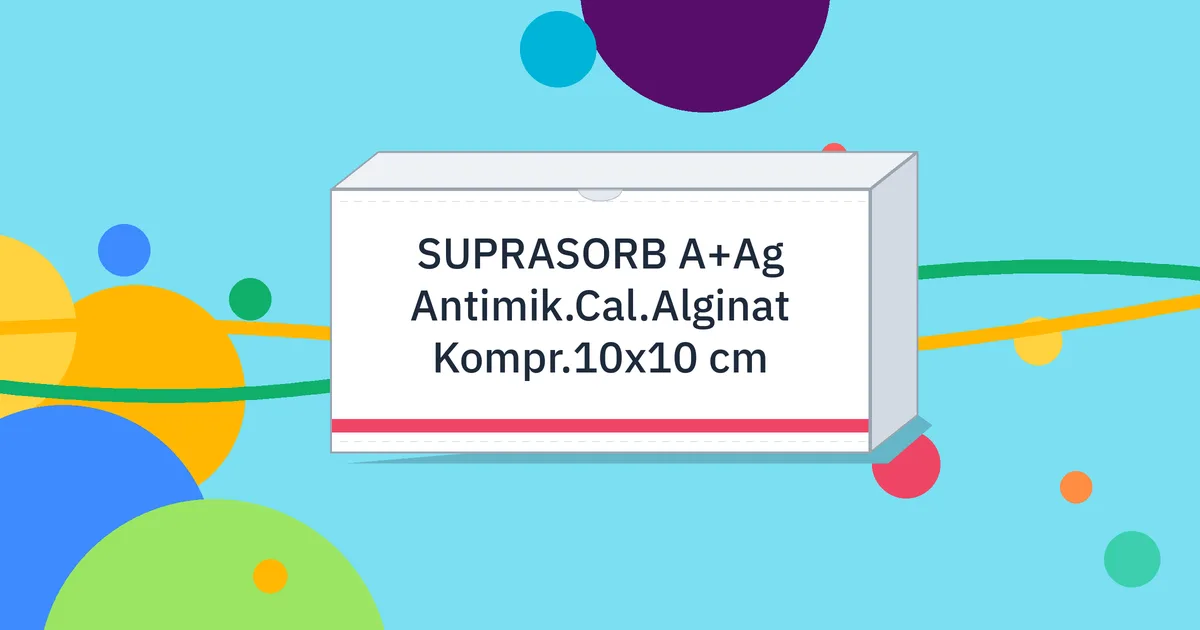 Symbolbild: Packung mit der Aufschrift SUPRASORB A+Ag Antimik.Cal.Alginat Kompr.10x10 cm (PZN 07402196) – Verfügbarkeit und Bezug in Apotheken in Frankfurt am Main