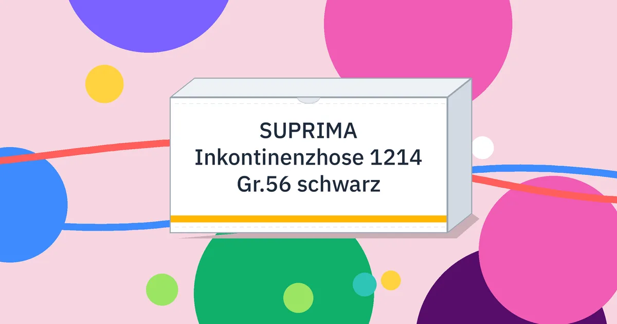 Symbolbild: Packung mit der Aufschrift SUPRIMA Inkontinenzhose 1214 Gr.56 schwarz (PZN 02853066) – Verfügbarkeit und Bezug in Apotheken in Frankfurt am Main