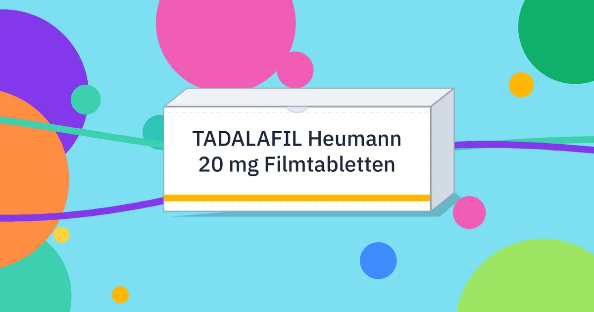 Symbolbild: Packung mit der Aufschrift TADALAFIL Heumann 20 mg Filmtabletten (PZN 15303692) – Verfügbarkeit und Bezug in Apotheken in Frankfurt am Main