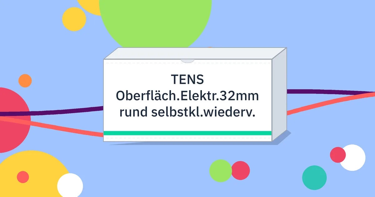Symbolbild: Packung mit der Aufschrift TENS Oberfläch.Elektr.32mm rund selbstkl.wiederv. (PZN 03888368) – Verfügbarkeit und Bezug in Apotheken in Frankfurt am Main
