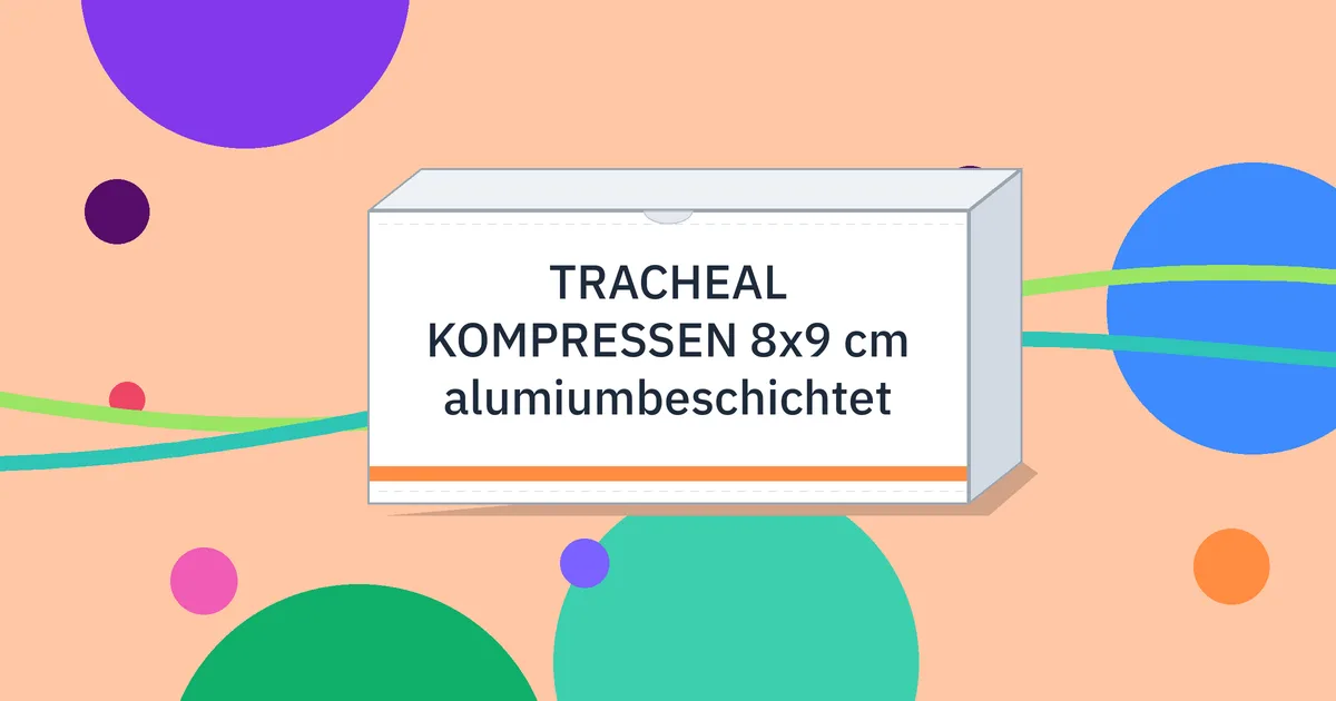 Symbolbild: Packung mit der Aufschrift TRACHEAL KOMPRESSEN 8x9 cm alumiumbeschichtet (PZN 12345974) – Verfügbarkeit und Bezug in Apotheken in Frankfurt am Main