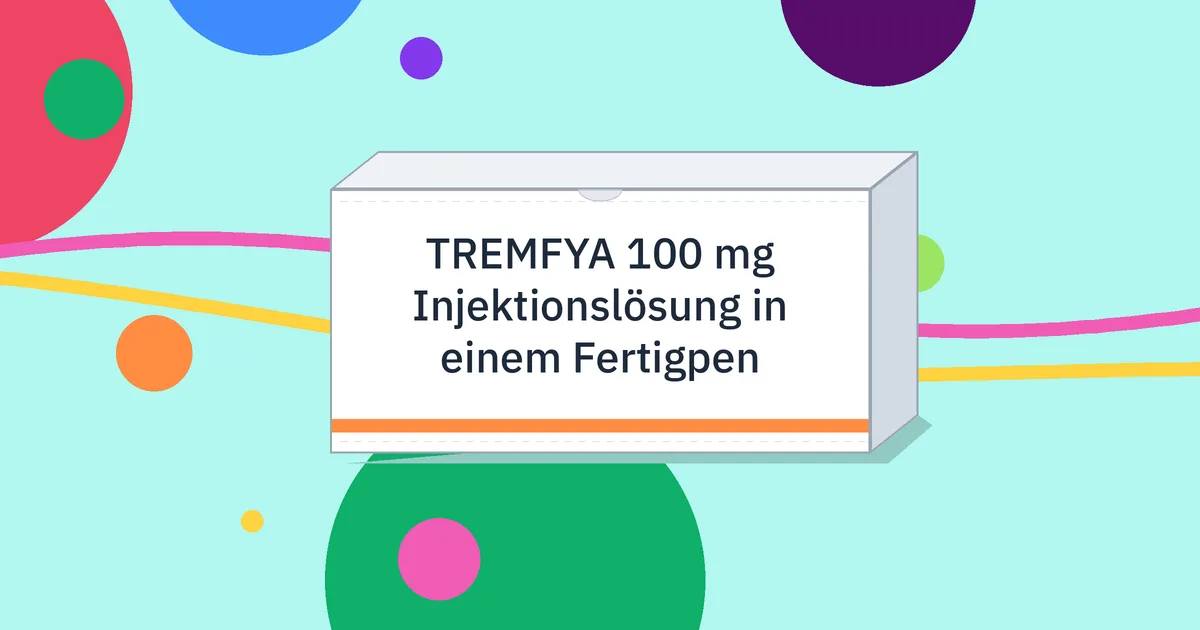 Symbolbild: Packung mit der Aufschrift TREMFYA 100 mg Injektionslösung in einem Fertigpen (PZN 16675378) – Verfügbarkeit und Bezug in Apotheken in Frankfurt am Main