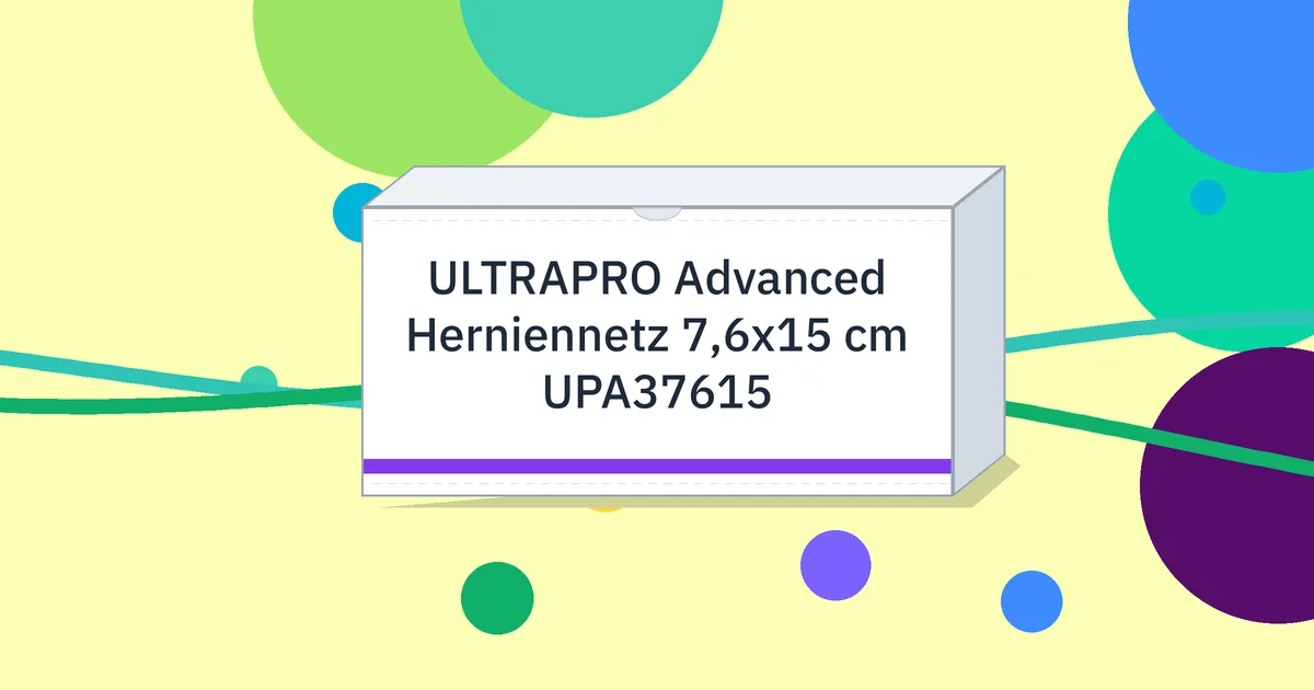 Symbolbild: Packung mit der Aufschrift ULTRAPRO Advanced Herniennetz 7,6x15 cm UPA37615 (PZN 20854750) – Verfügbarkeit und Bezug in Apotheken in Frankfurt am Main