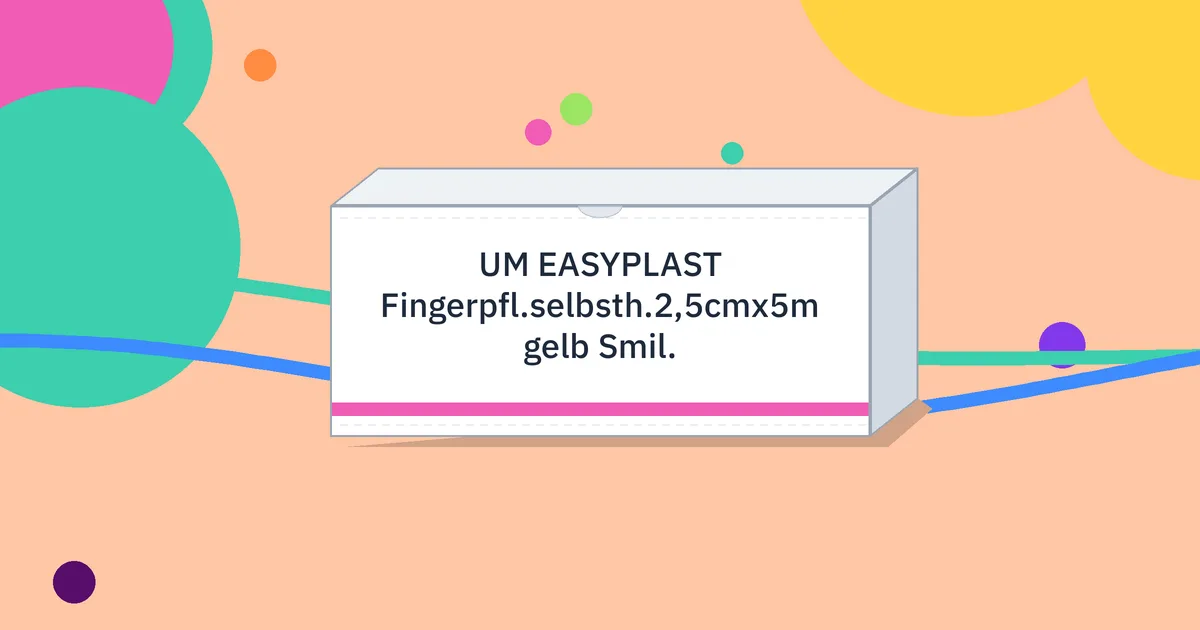 Symbolbild: Packung mit der Aufschrift UM EASYPLAST Fingerpfl.selbsth.2,5cmx5m gelb Smil. (PZN 17929183) – Verfügbarkeit und Bezug in Apotheken in Frankfurt am Main