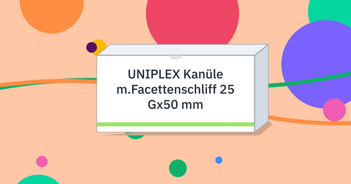 Symbolbild: Packung mit der Aufschrift UNIPLEX Kanüle m.Facettenschliff 25 Gx50 mm (PZN 03944316) – Verfügbarkeit und Bezug in Apotheken in Frankfurt am Main