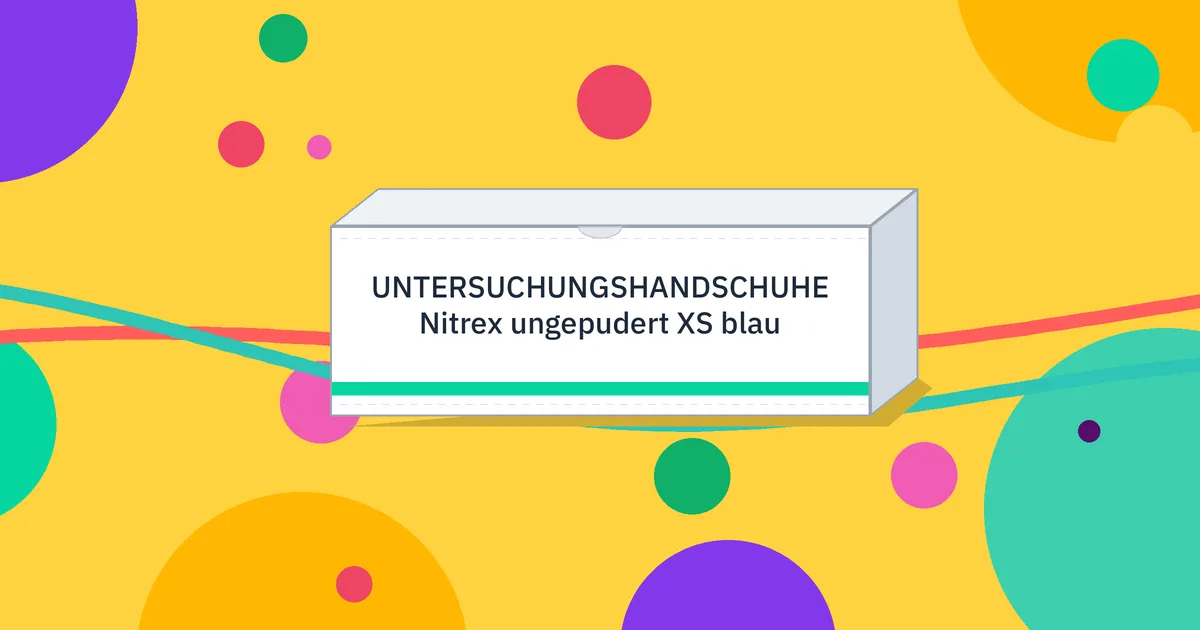 Symbolbild: Packung mit der Aufschrift UNTERSUCHUNGSHANDSCHUHE Nitrex ungepudert XS blau (PZN 18198830) – Verfügbarkeit und Bezug in Apotheken in Frankfurt am Main