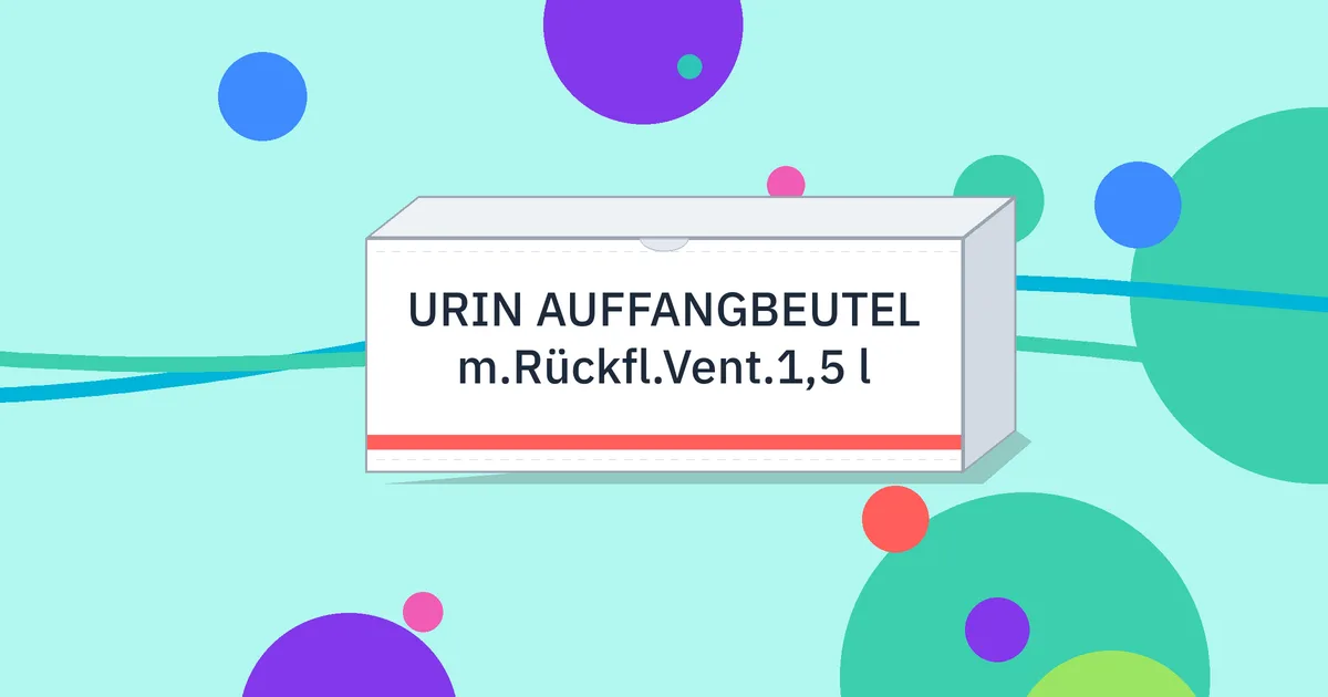 Symbolbild: Packung mit der Aufschrift URIN AUFFANGBEUTEL m.Rückfl.Vent.1,5 l (PZN 02445309) – Verfügbarkeit und Bezug in Apotheken in Frankfurt am Main