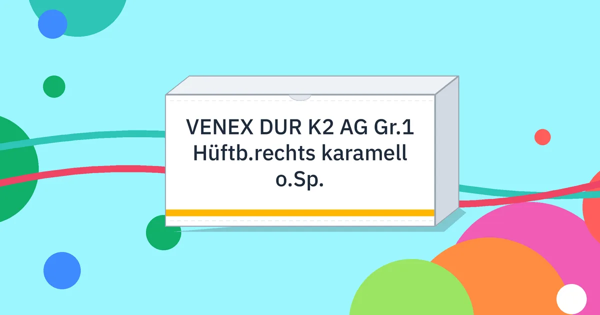 Symbolbild: Packung mit der Aufschrift VENEX DUR K2 AG Gr.1 Hüftb.rechts karamell o.Sp. (PZN 13761255) – Verfügbarkeit und Bezug in Apotheken in Frankfurt am Main