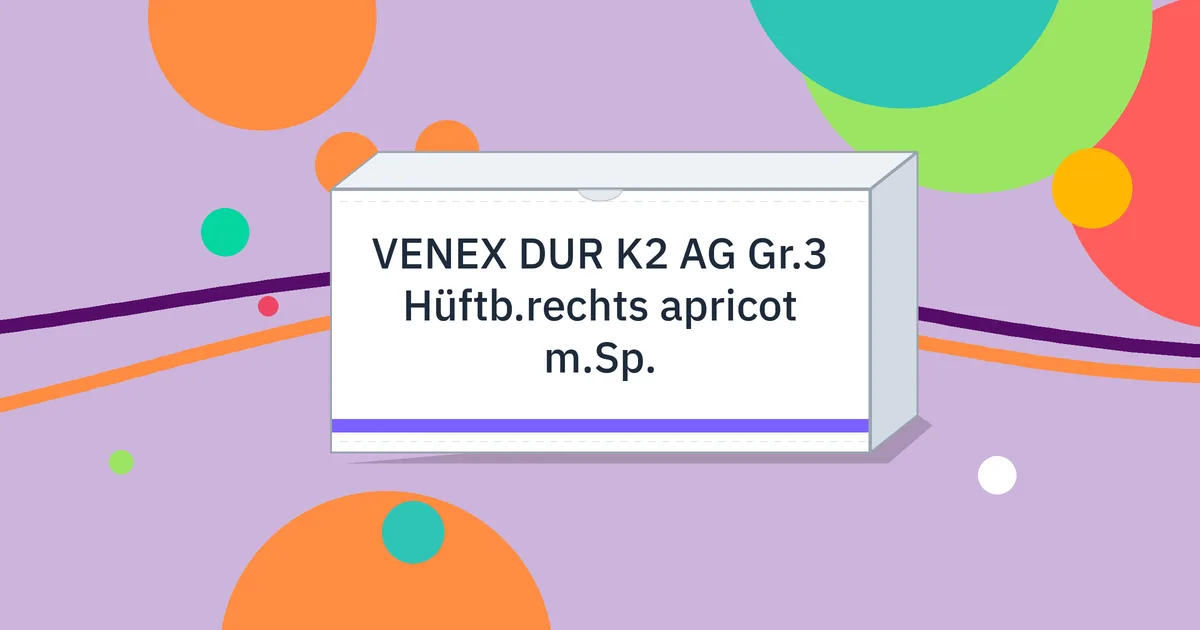 Symbolbild: Packung mit der Aufschrift VENEX DUR K2 AG Gr.3 Hüftb.rechts apricot m.Sp. (PZN 03228749) – Verfügbarkeit und Bezug in Apotheken in Frankfurt am Main