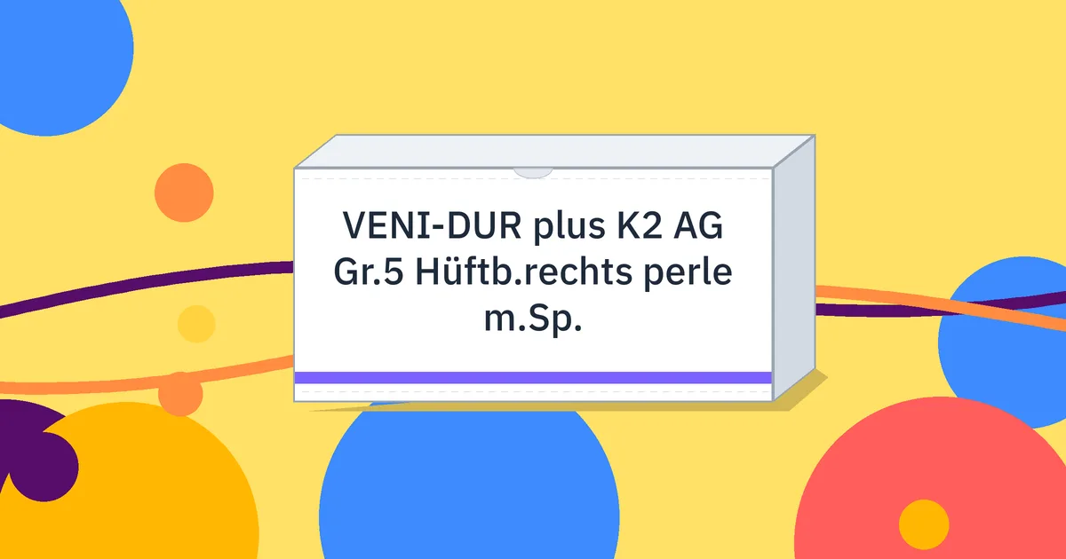 Symbolbild: Packung mit der Aufschrift VENI-DUR plus K2 AG Gr.5 Hüftb.rechts perle m.Sp. (PZN 03255901) – Verfügbarkeit und Bezug in Apotheken in Frankfurt am Main