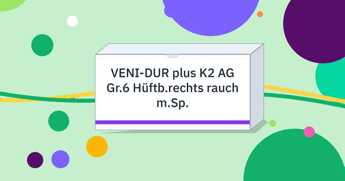 Symbolbild: Packung mit der Aufschrift VENI-DUR plus K2 AG Gr.6 Hüftb.rechts rauch m.Sp. (PZN 03255479) – Verfügbarkeit und Bezug in Apotheken in Frankfurt am Main