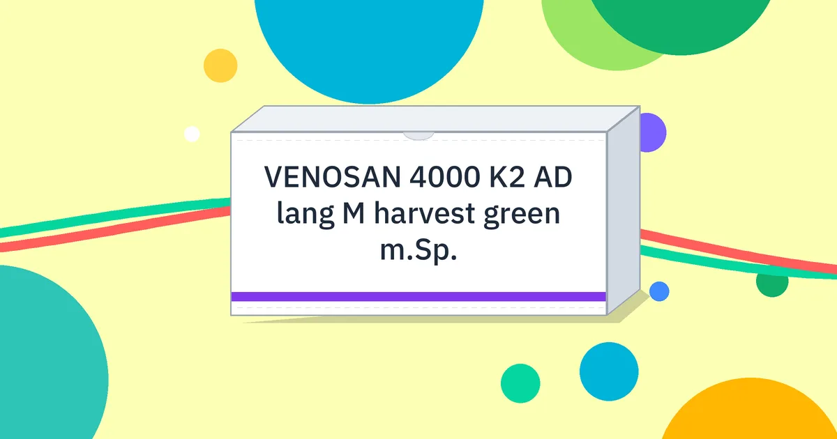 Symbolbild: Packung mit der Aufschrift VENOSAN 4000 K2 AD lang M harvest green m.Sp. (PZN 18847435) – Verfügbarkeit und Bezug in Apotheken in Frankfurt am Main