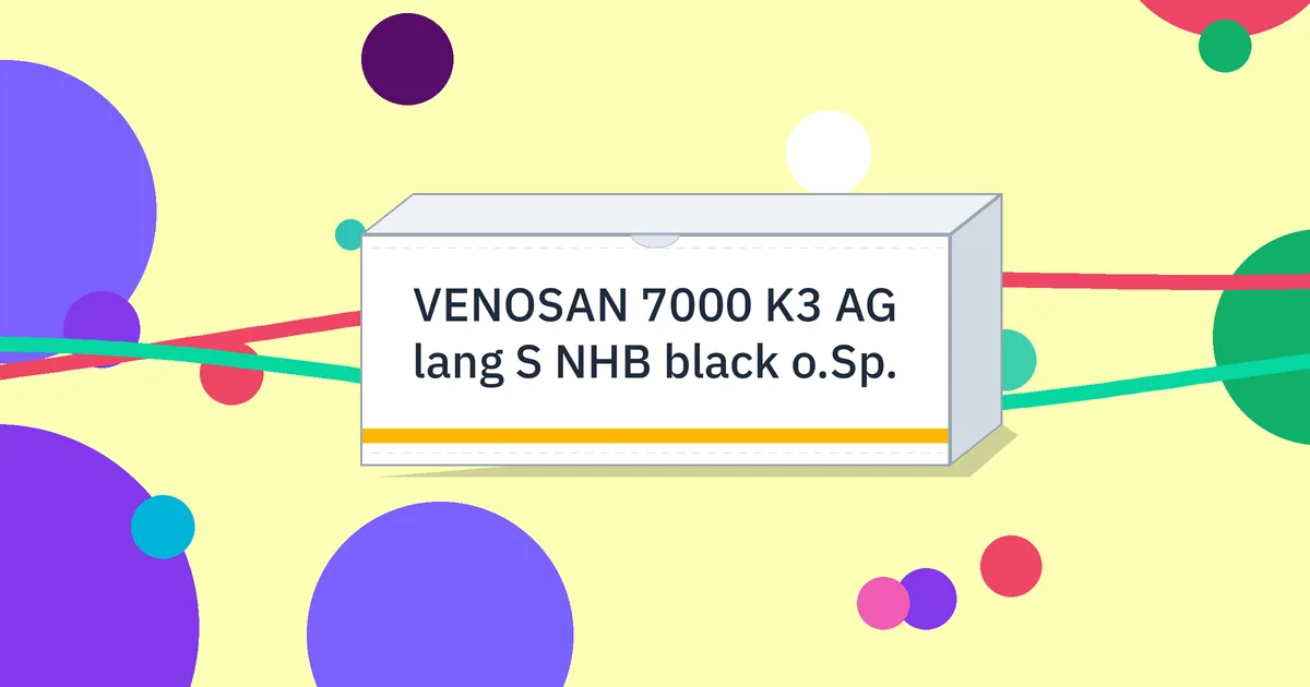 Symbolbild: Packung mit der Aufschrift VENOSAN 7000 K3 AG lang S NHB black o.Sp. (PZN 14436480) – Verfügbarkeit und Bezug in Apotheken in Frankfurt am Main