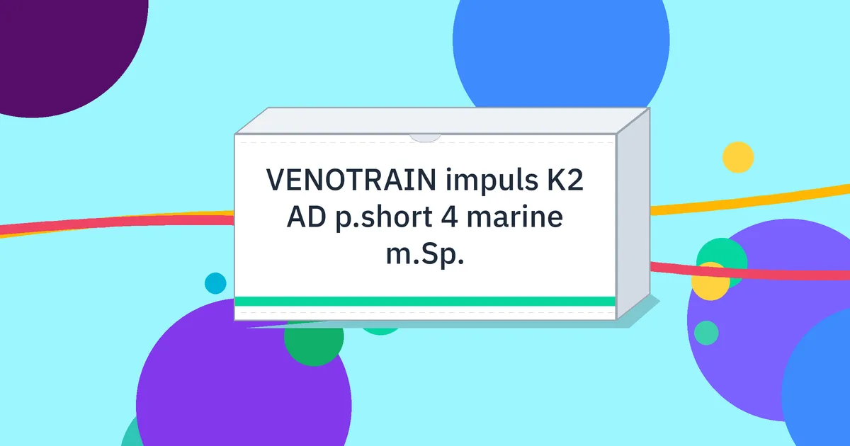 Symbolbild: Packung mit der Aufschrift VENOTRAIN impuls K2 AD p.short 4 marine m.Sp. (PZN 15221221) – Verfügbarkeit und Bezug in Apotheken in Frankfurt am Main