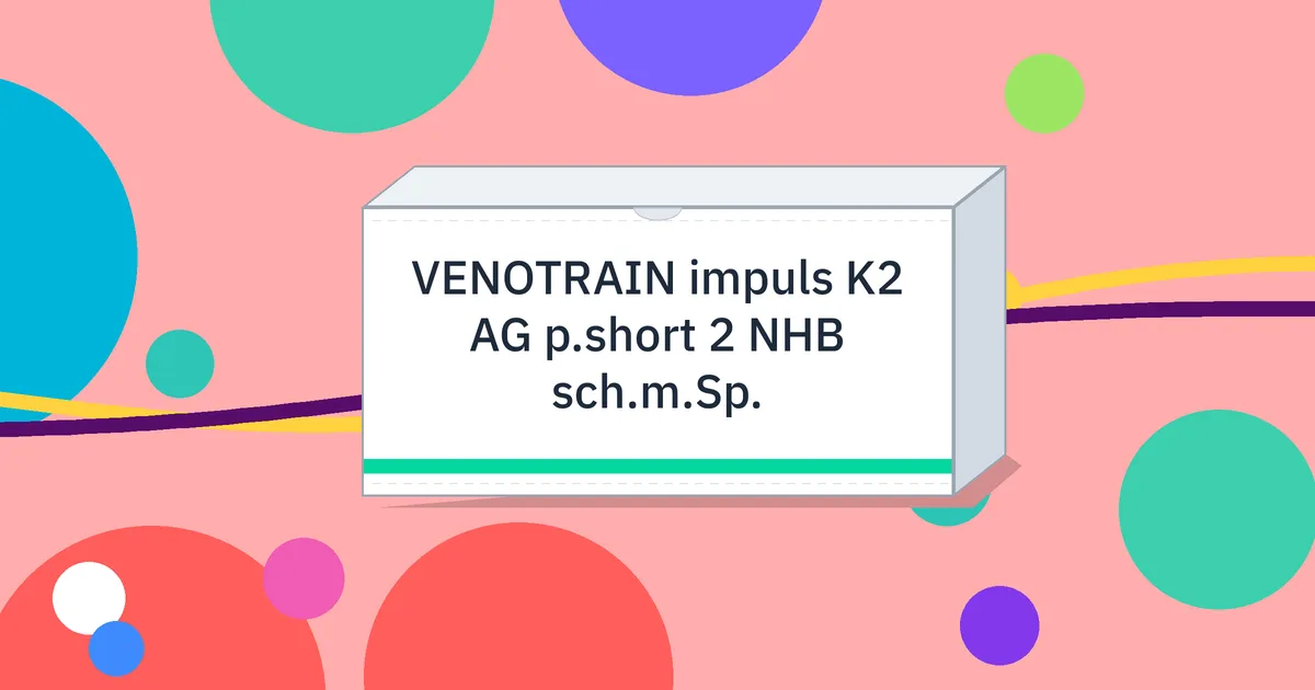 Symbolbild: Packung mit der Aufschrift VENOTRAIN impuls K2 AG p.short 2 NHB sch.m.Sp. (PZN 00513691) – Verfügbarkeit und Bezug in Apotheken in Frankfurt am Main