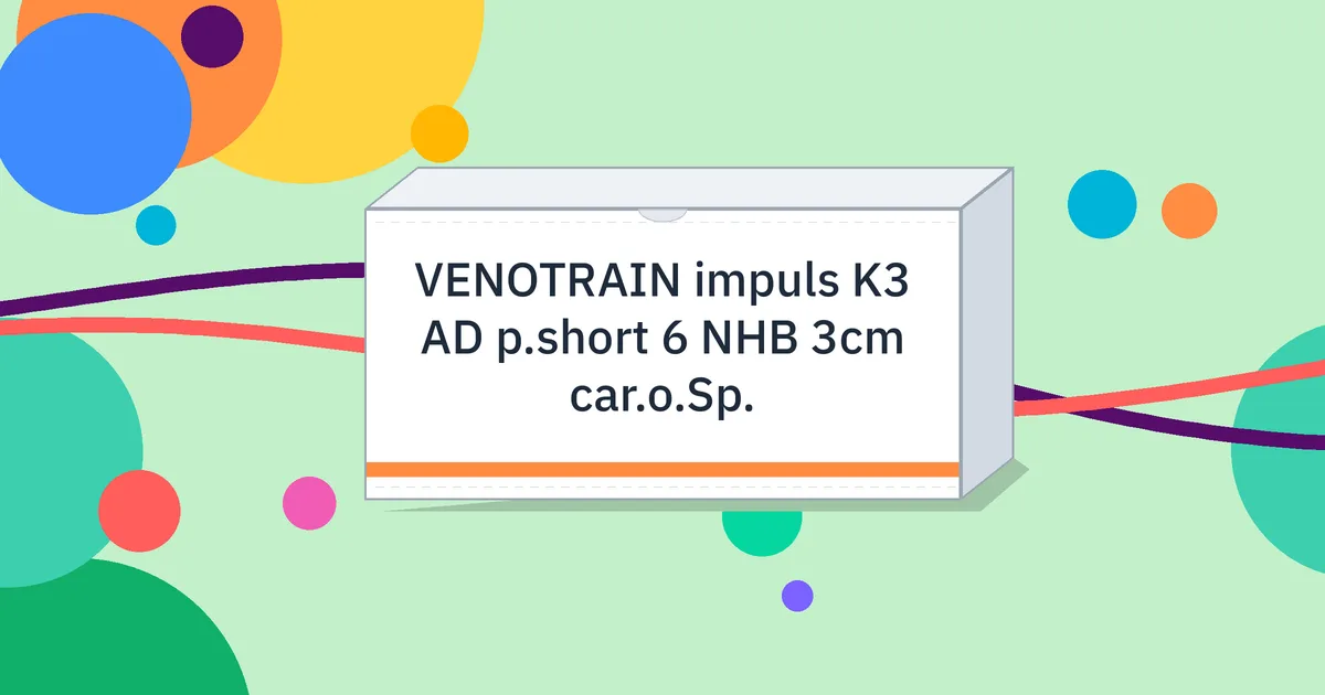 Symbolbild: Packung mit der Aufschrift VENOTRAIN impuls K3 AD p.short 6 NHB 3cm car.o.Sp. (PZN 08434258) – Verfügbarkeit und Bezug in Apotheken in Frankfurt am Main