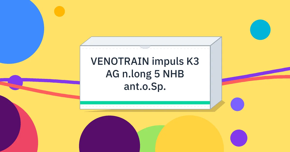 Symbolbild: Packung mit der Aufschrift VENOTRAIN impuls K3 AG n.long 5 NHB ant.o.Sp. (PZN 15216208) – Verfügbarkeit und Bezug in Apotheken in Frankfurt am Main