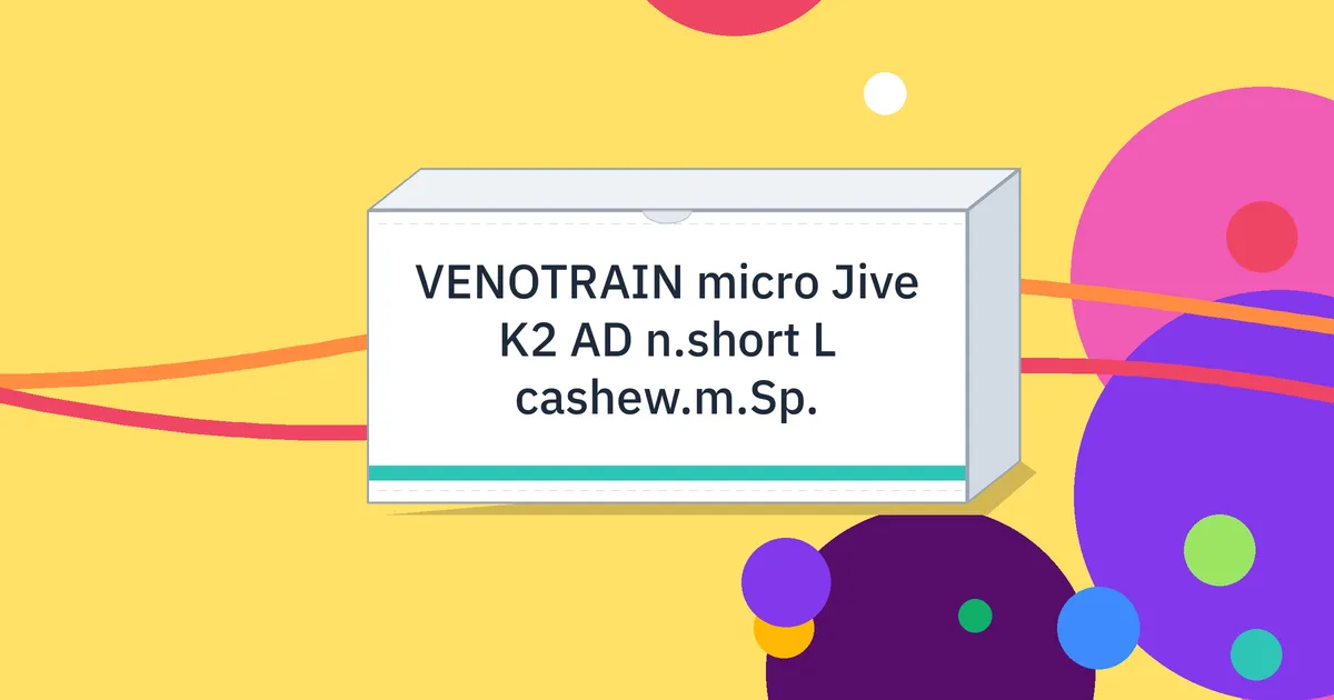 Symbolbild: Packung mit der Aufschrift VENOTRAIN micro Jive K2 AD n.short L cashew.m.Sp. (PZN 20768370) – Verfügbarkeit und Bezug in Apotheken in Frankfurt am Main