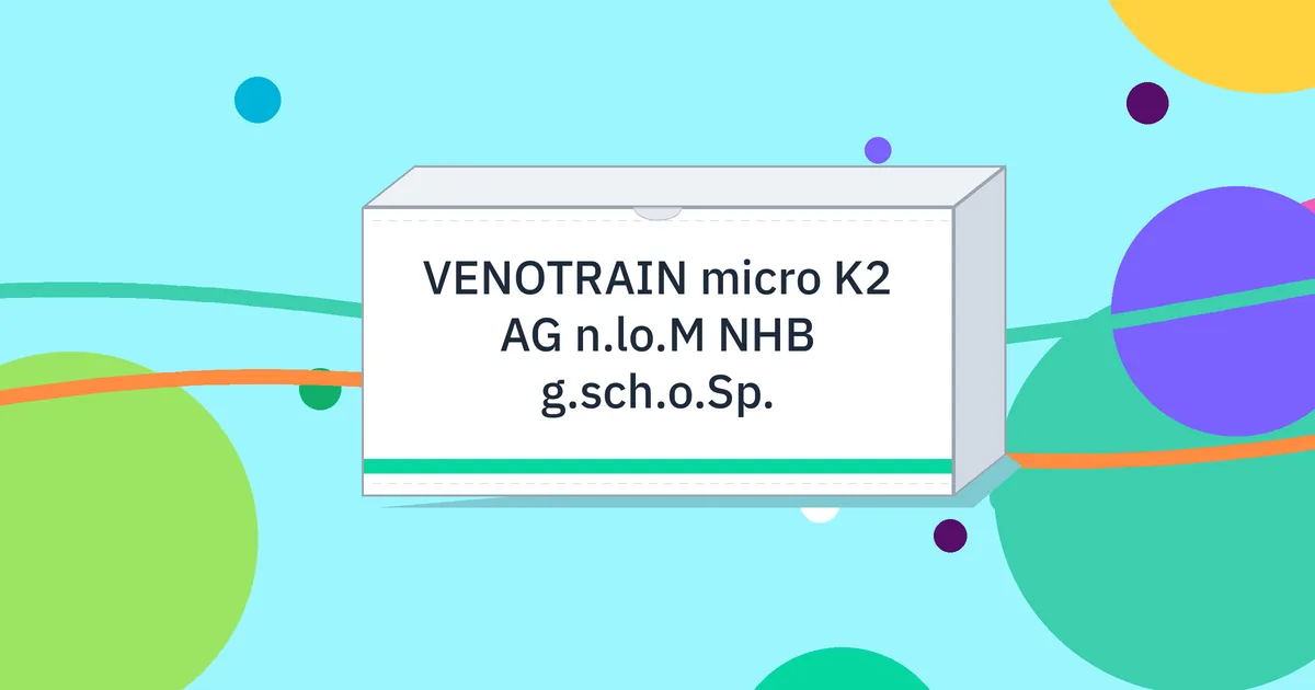 Symbolbild: Packung mit der Aufschrift VENOTRAIN micro K2 AG n.lo.M NHB g.sch.o.Sp. (PZN 06050269) – Verfügbarkeit und Bezug in Apotheken in Frankfurt am Main