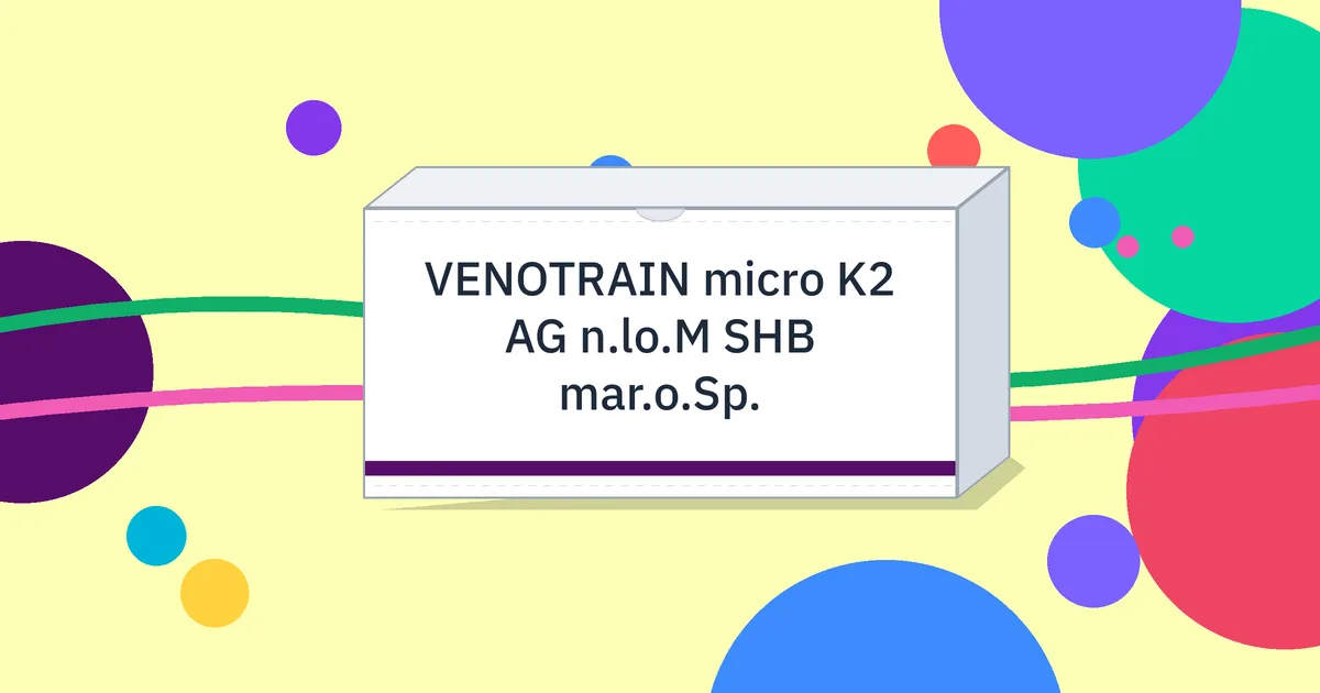 Symbolbild: Packung mit der Aufschrift VENOTRAIN micro K2 AG n.lo.M SHB mar.o.Sp. (PZN 06326412) – Verfügbarkeit und Bezug in Apotheken in Frankfurt am Main