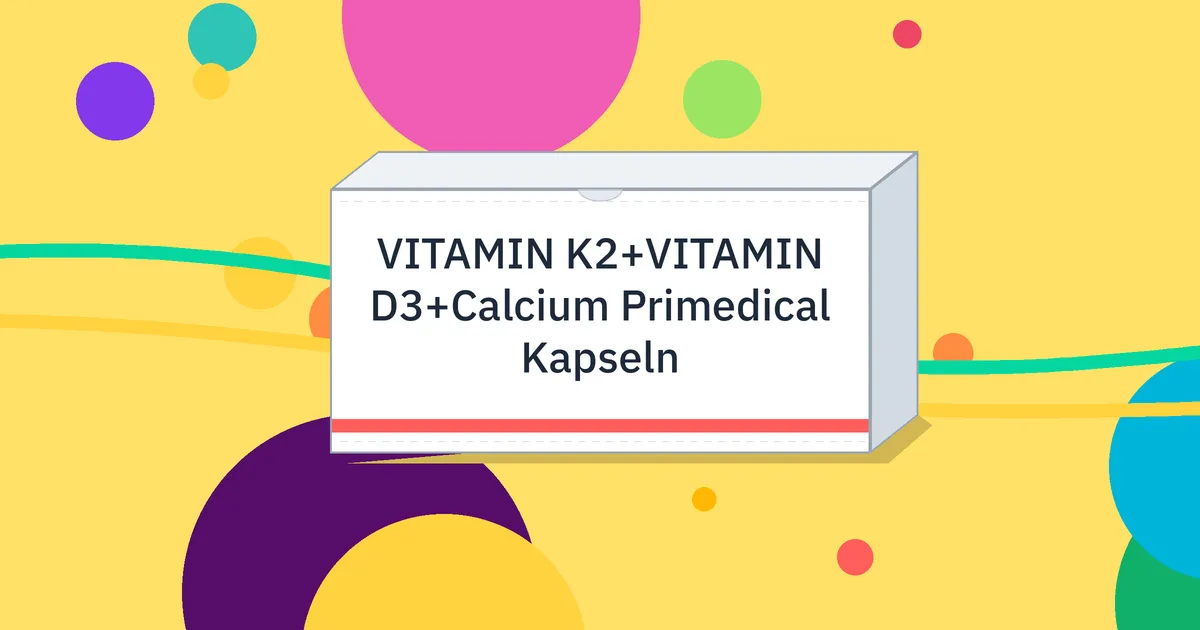 Symbolbild: Packung mit der Aufschrift VITAMIN K2+VITAMIN D3+Calcium Primedical Kapseln (PZN 18812684) – Verfügbarkeit und Bezug in Apotheken in Frankfurt am Main